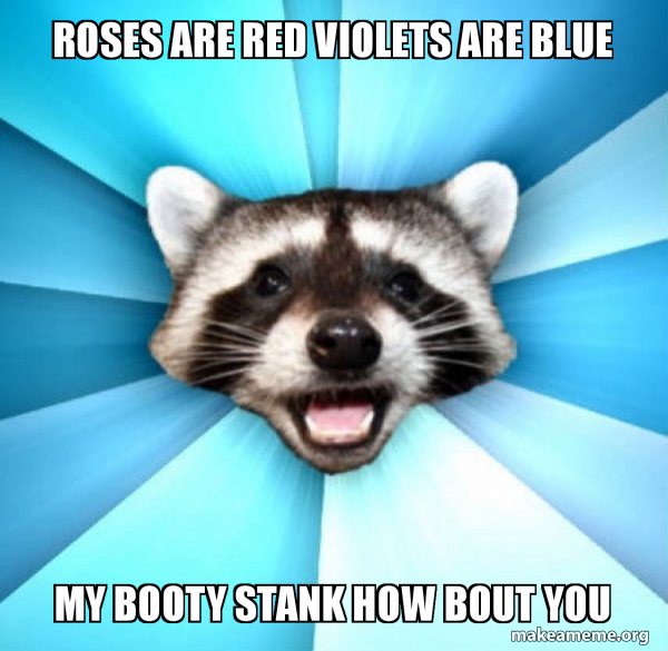 Roses are red violets are blue My booty stank how bout you - Lame Pun Coon Meme Generator