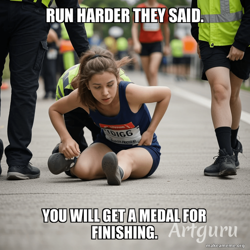 Run harder they said. You will get a medal for finishing. Meme Generator
