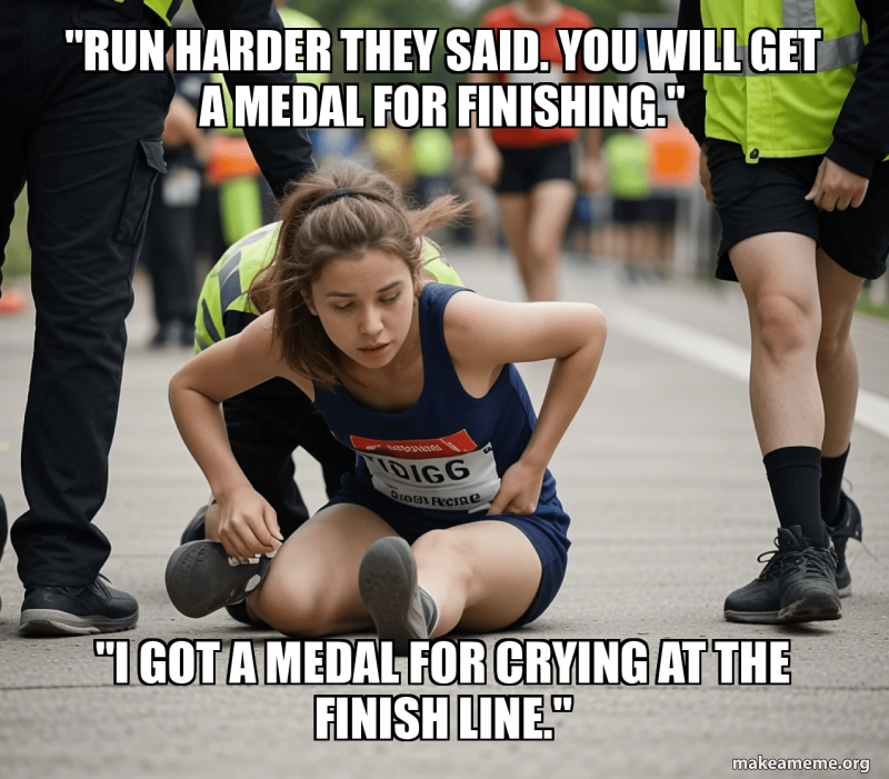 "Run harder they said. You will get a medal for finishing." "I got a ...