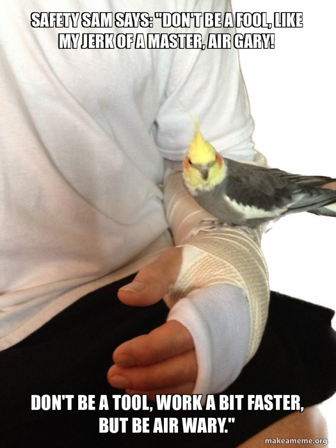 safety sam says: "don't be a fool, like my jerk of a master, air gary ...