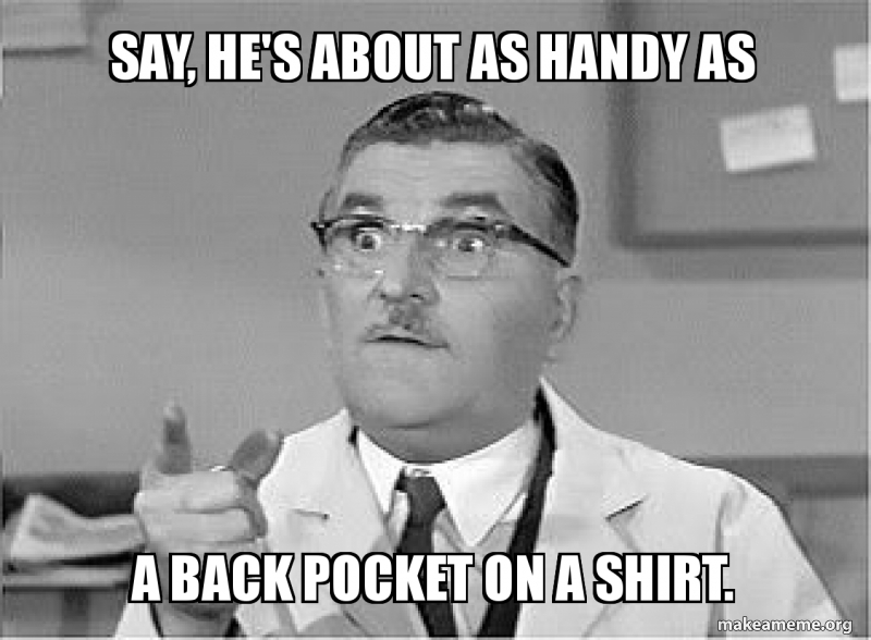 Say, he's about as handy as a back pocket on a shirt. Meme Generator