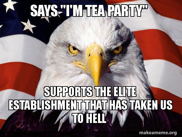 says "i'm tea party" supports the elite establishment that has taken us ...