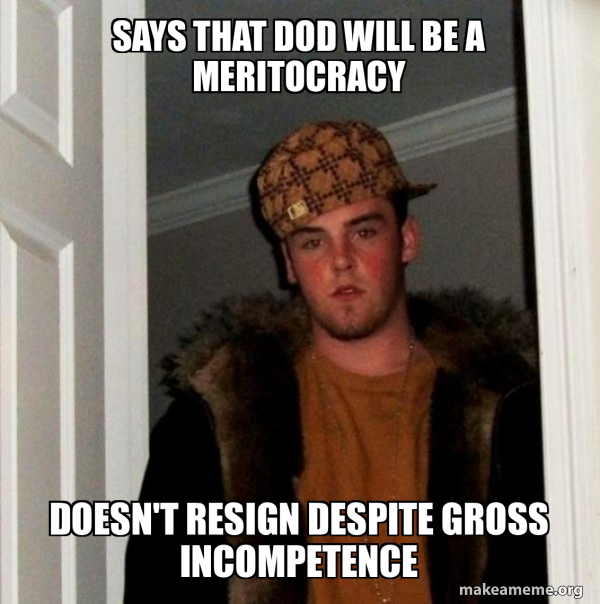 Says that DOD will be a meritocracy Doesn't resign despite gross ...
