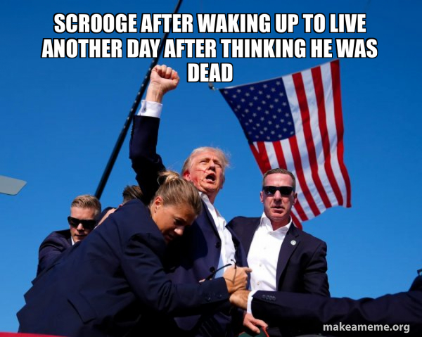 Scrooge after waking up to live another day after thinking he was dead ...