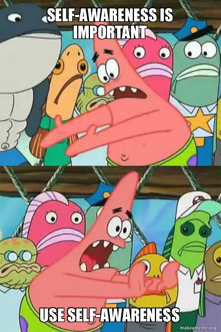 self-awareness is important use self-awareness - Push It Somewhere Else Patrick Meme Generator