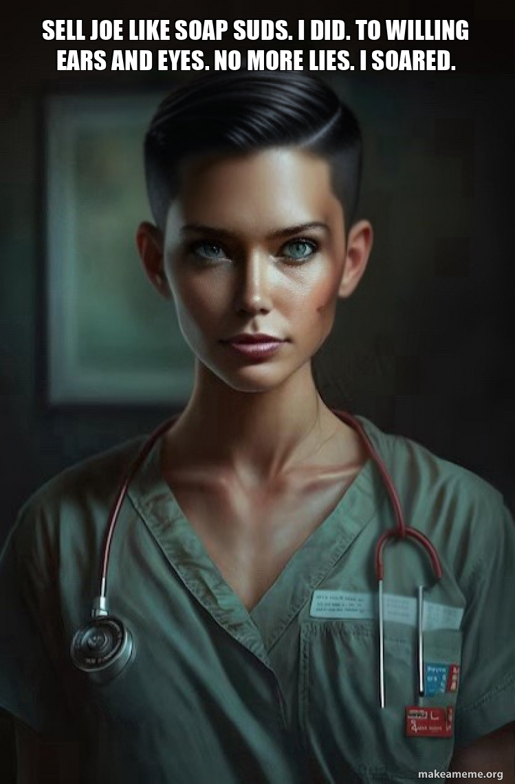 Sell joe like soap suds. I did. To willing ears and eyes. No more lies ...