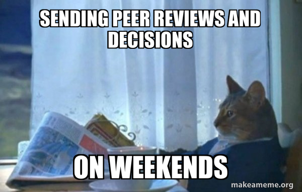 Sending peer reviews and decisions on weekends - Sophisticated Cat Meme ...
