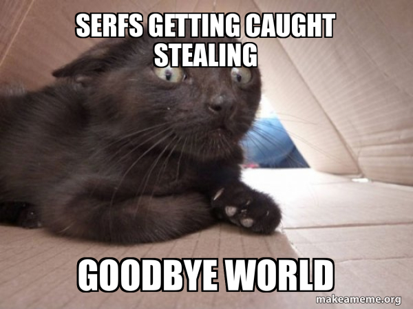 serfs getting caught stealing goodbye world - Schitzo Cat Meme Generator