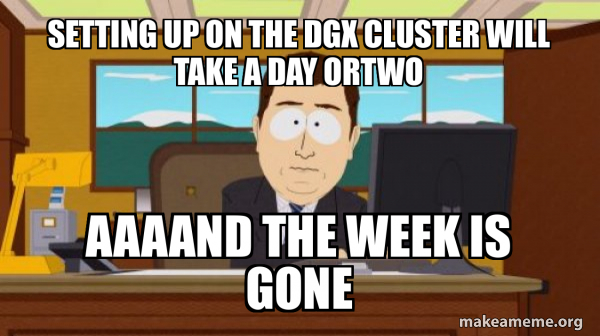 Setting up on the DGX cluster will take a day ortwo aaaand the week is ...