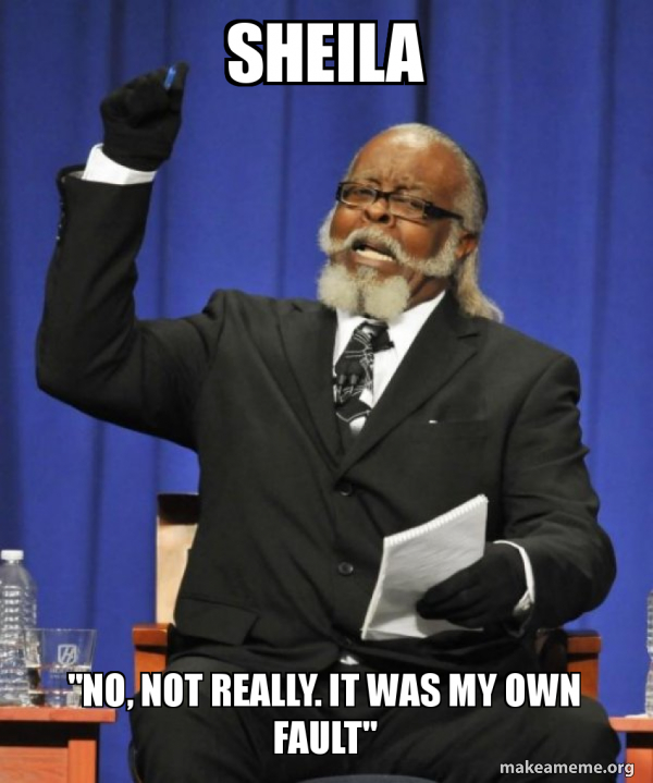 sheila "NO, NOT REALLY. IT WAS MY OWN FAULT" - Too Damn HIgh Meme Generator