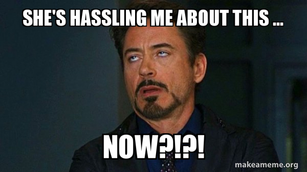 She's hassling me about this ... now?!?! - Tony Stark Eye Roll Meme ...
