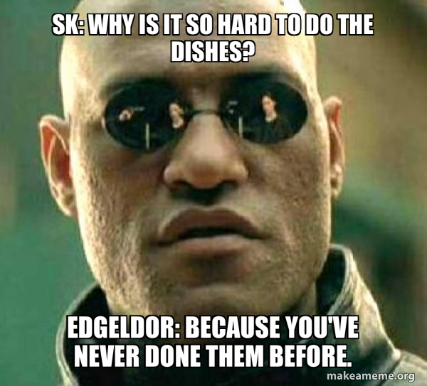 SK: why is it so hard to do the dishes? Edgeldor: Because you've never ...