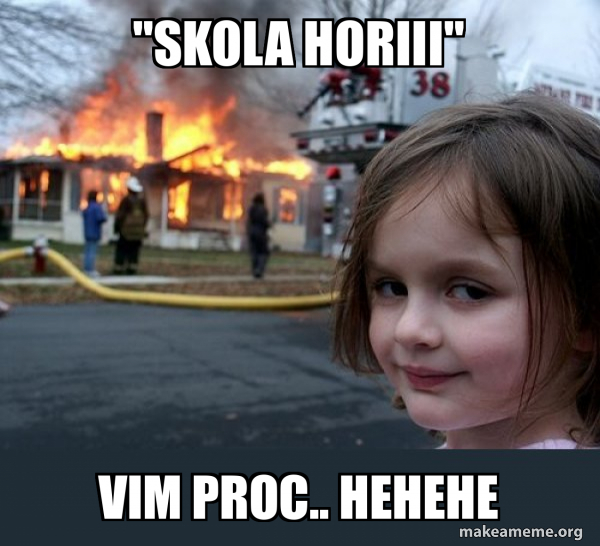 "SKOLA HORIII" vim proc.. hehehe - Disaster Girl Meme Generator