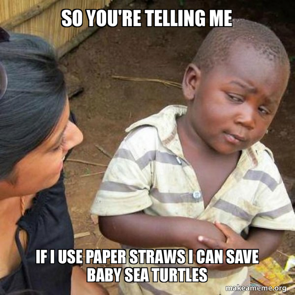 So you're telling me If I use paper straws I can save baby sea turtles ...