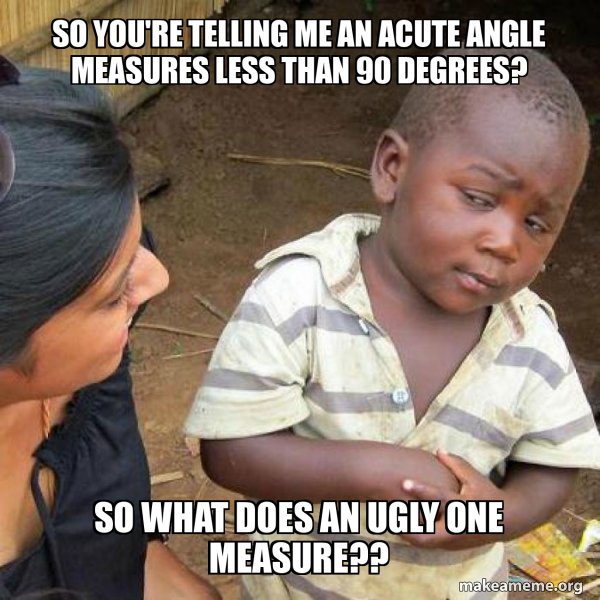 So you're telling me an acute angle measures less than 90 degrees? so ...