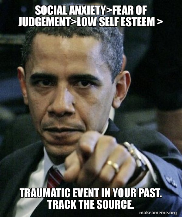 Social anxiety>fear of judgement>low self esteem > Traumatic event in ...