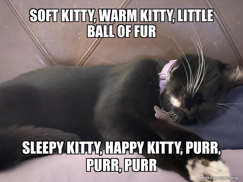Soft kitty, warm kitty, little ball of fur Sleepy kitty, happy kitty ...