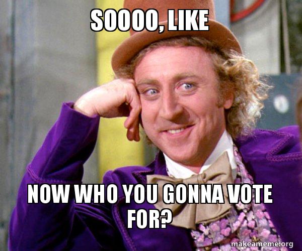Soooo, like Now who you gonna vote for? - Willy Wonka Sarcasm Meme Meme ...