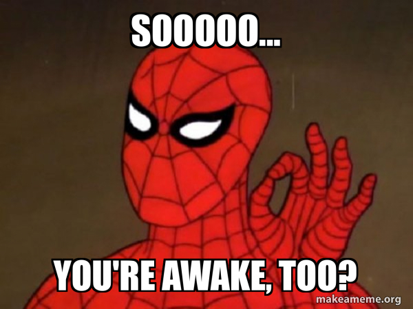 Sooooo... You're awake, too? - Spiderman - Care factor Zero Meme Generator