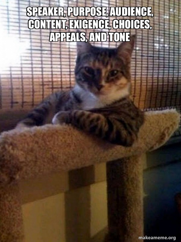 speaker, purpose, audience, content, exigence, choices, appeals, and ...