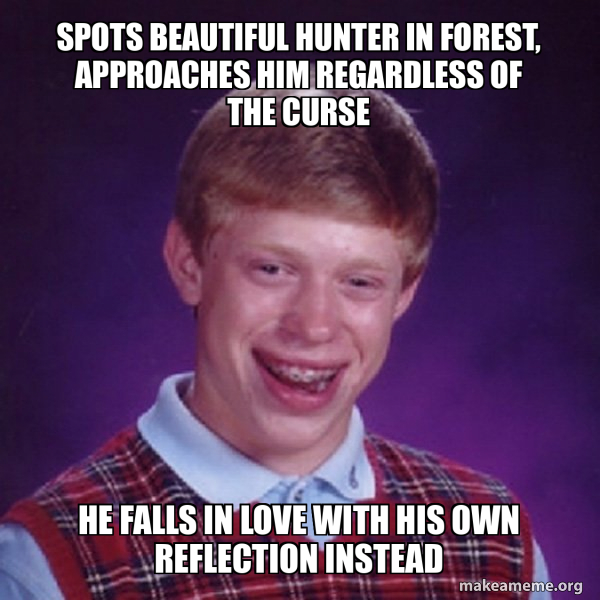 spots beautiful hunter in forest, approaches him regardless of the ...