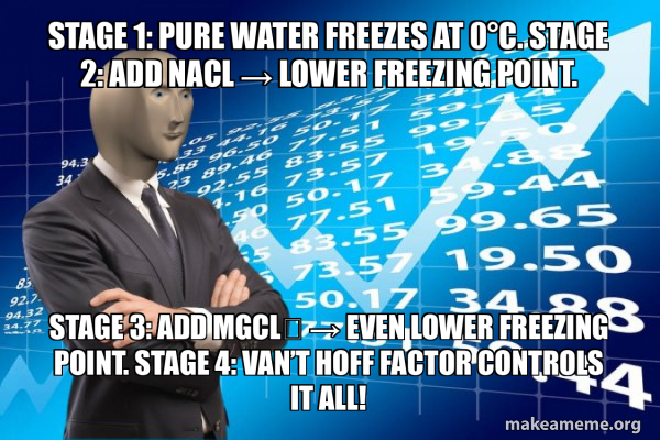 Stage 1: Pure water freezes at 0°C. Stage 2: Add NaCl → lower freezing ...