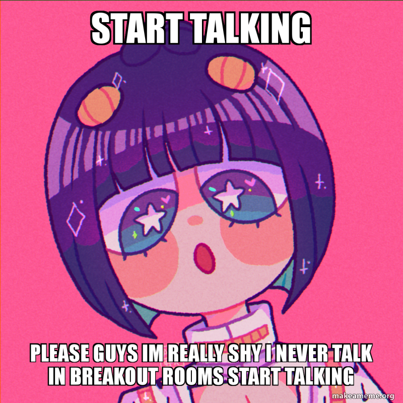 START talking please guys im really shy i never talk in breakout rooms ...