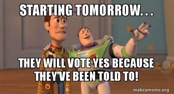 Starting tomorrow. . . They will vote Yes because they've been told to ...