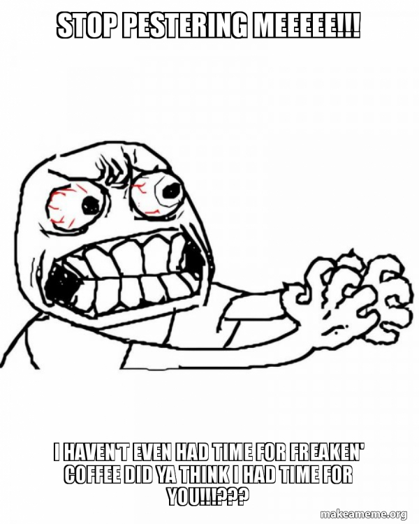 STOP PESTERING MEEEEE!!! I HAVEN'T EVEN HAD TIME FOR FREAKEN' COFFEE ...