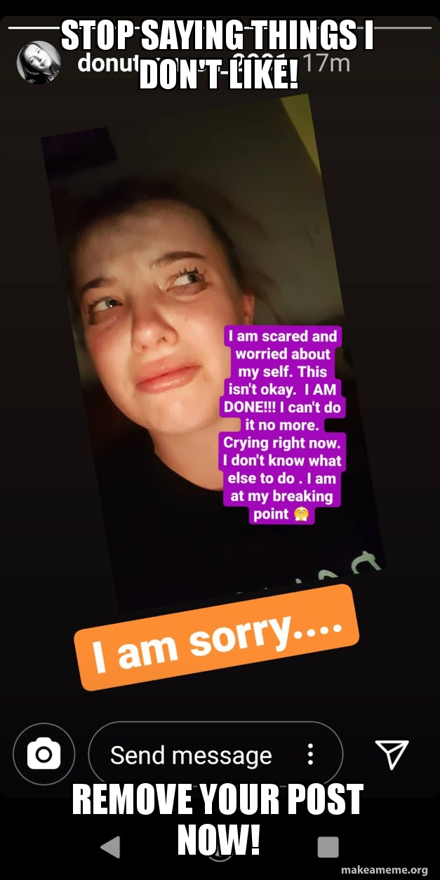 Stop saying things I don't like! remove your post Now! Meme Generator