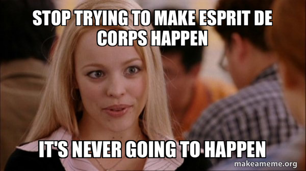 STOP TRYING TO MAKE ESPRIT DE CORPS HAPPEN It's never going to happen ...
