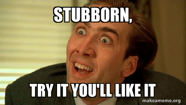 Stubborn, Try it You'll like it - Sarcastic Nicholas Cage Meme Generator