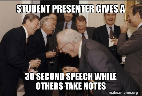 Student presenter gives a 30 second speech while others take notes ...