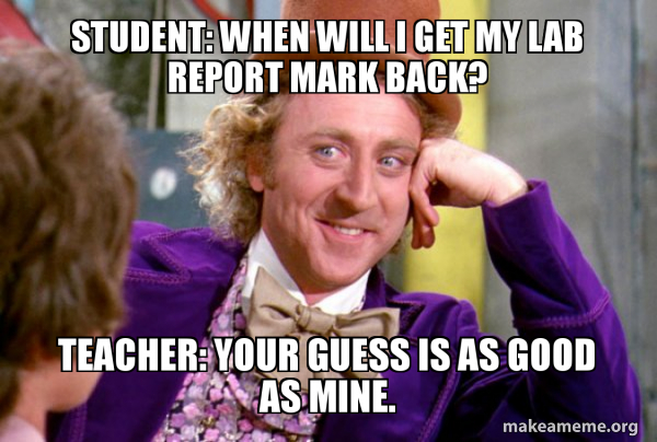 Student: When will I get my lab report mark back? Teacher: Your guess ...