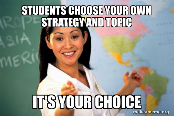 Students choose your own strategy and topic It's your choice ...
