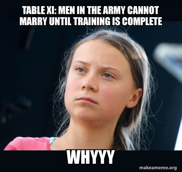 Table XI: Men in the army cannot marry until training is complete Whyyy ...