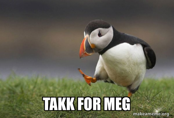 Takk for meg - Unpopular Opinion Puffin Meme Generator