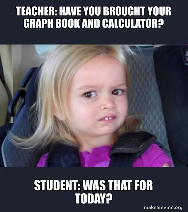 Teacher: Have you brought your graph book and calculator? Student: Was ...