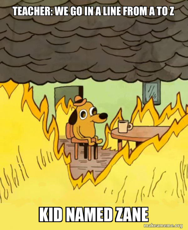 Teacher: we go in a line from a to z Kid named zane - This Is Fine Meme ...