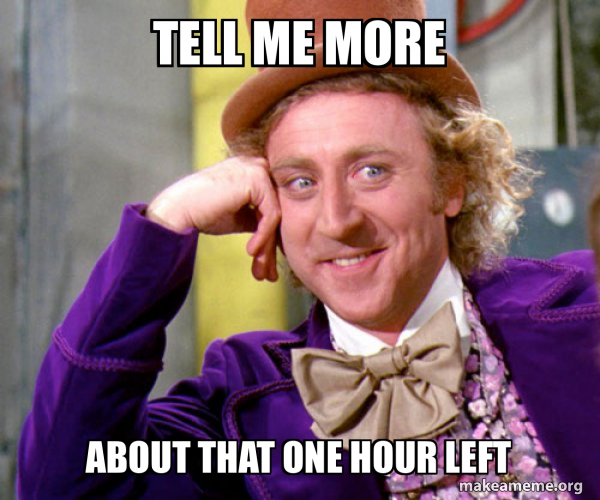 TELL ME MORE ABOUT THAT ONE HOUR LEFT - Willy Wonka Sarcasm Meme Meme ...