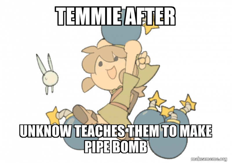 temmie after unknow teaches them to make pipe bomb Meme Generator