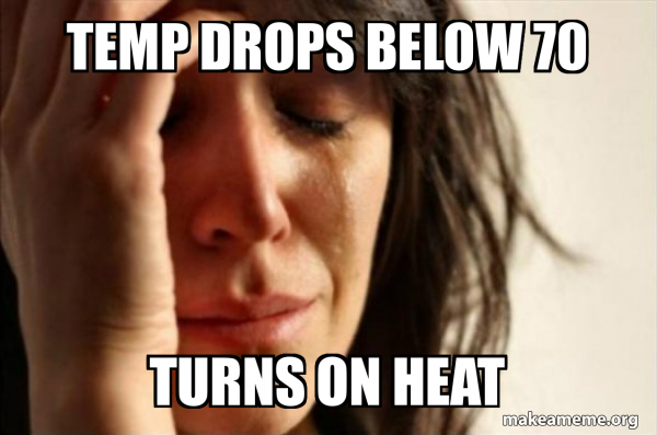 Temp drops below 70 Turns on heat - First World Problems Meme Generator