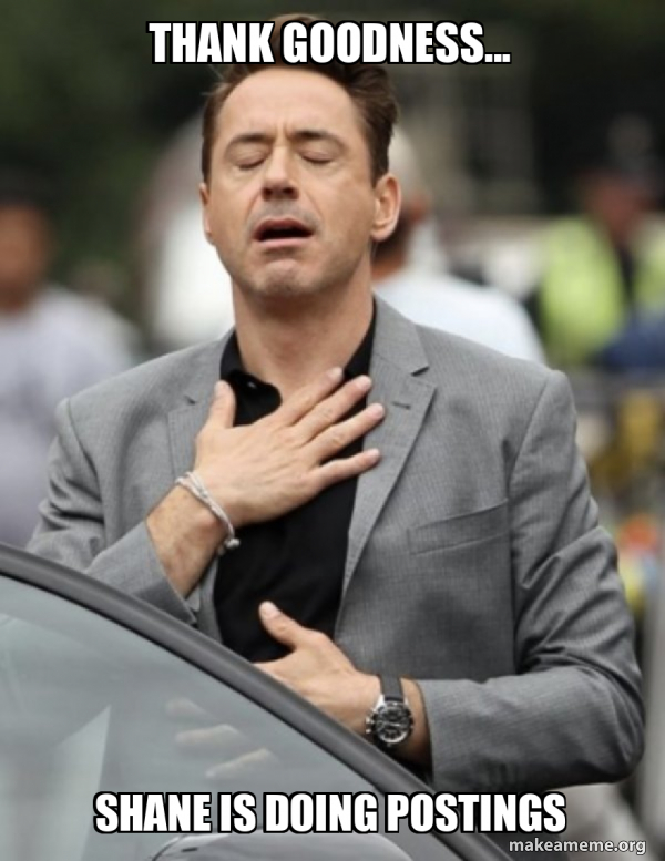 Thank goodness... Shane is doing postings - Tony Stark Relief Meme ...