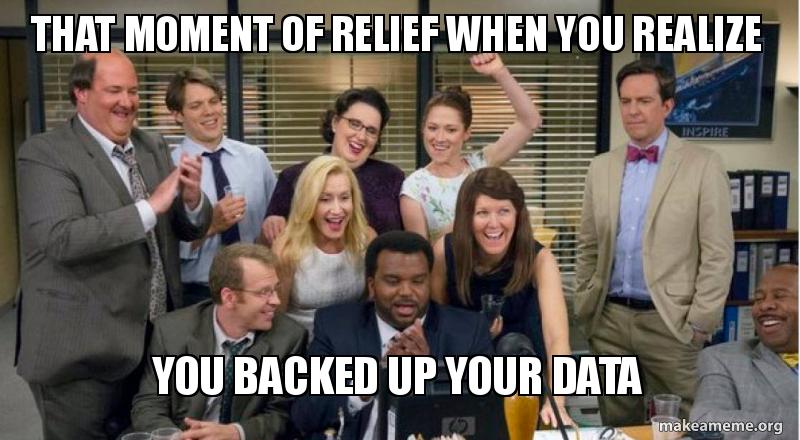 THAT MOMENT OF RELIEF WHEN YOU REALIZE YOU BACKED UP YOUR DATA Meme Generator