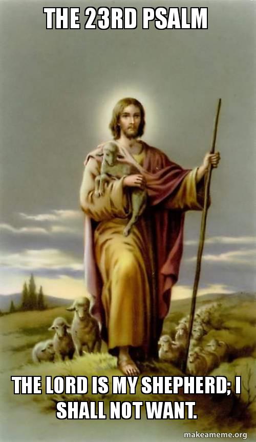 the 23rd Psalm The Lord is my shepherd; I shall not want. Meme Generator
