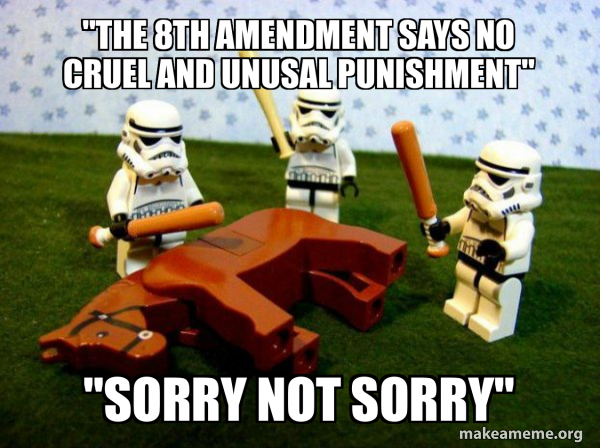 "the 8th amendment says no cruel and unusal punishment" "Sorry not ...