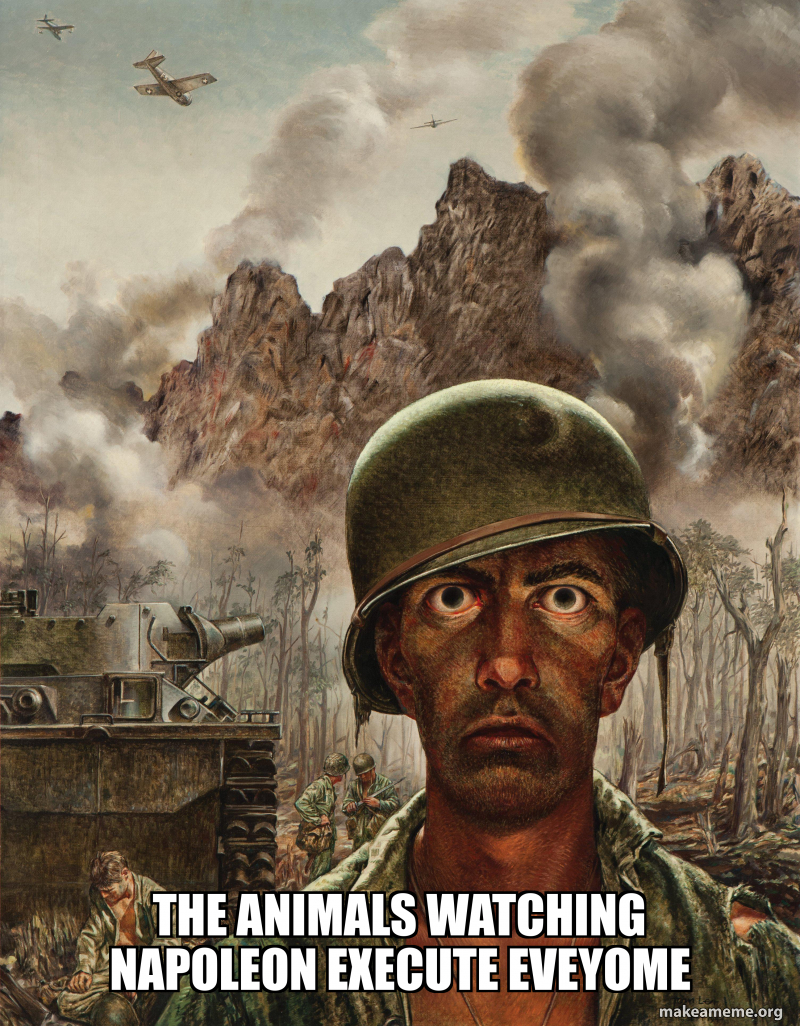 The animals watching napoleon execute eveyome Meme Generator