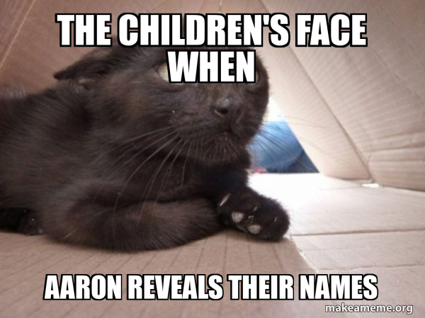 the children's face when Aaron reveals their names - Schitzo Cat Meme ...