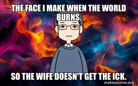 The face i make when the world burns. So the wife doesn't get the ick ...