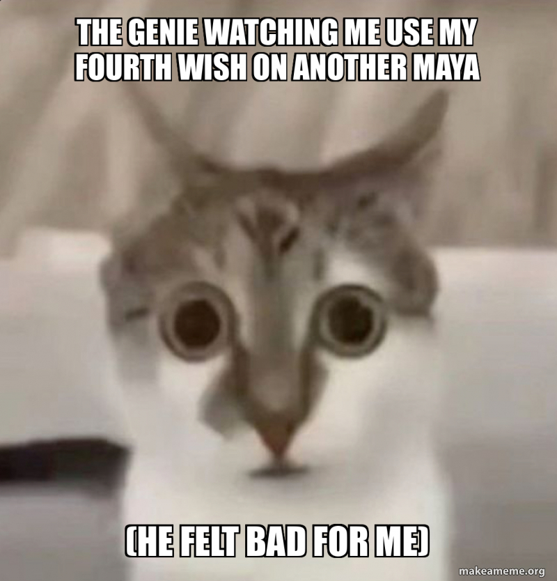 The genie watching me use my fourth wish on another maya (He felt bad ...